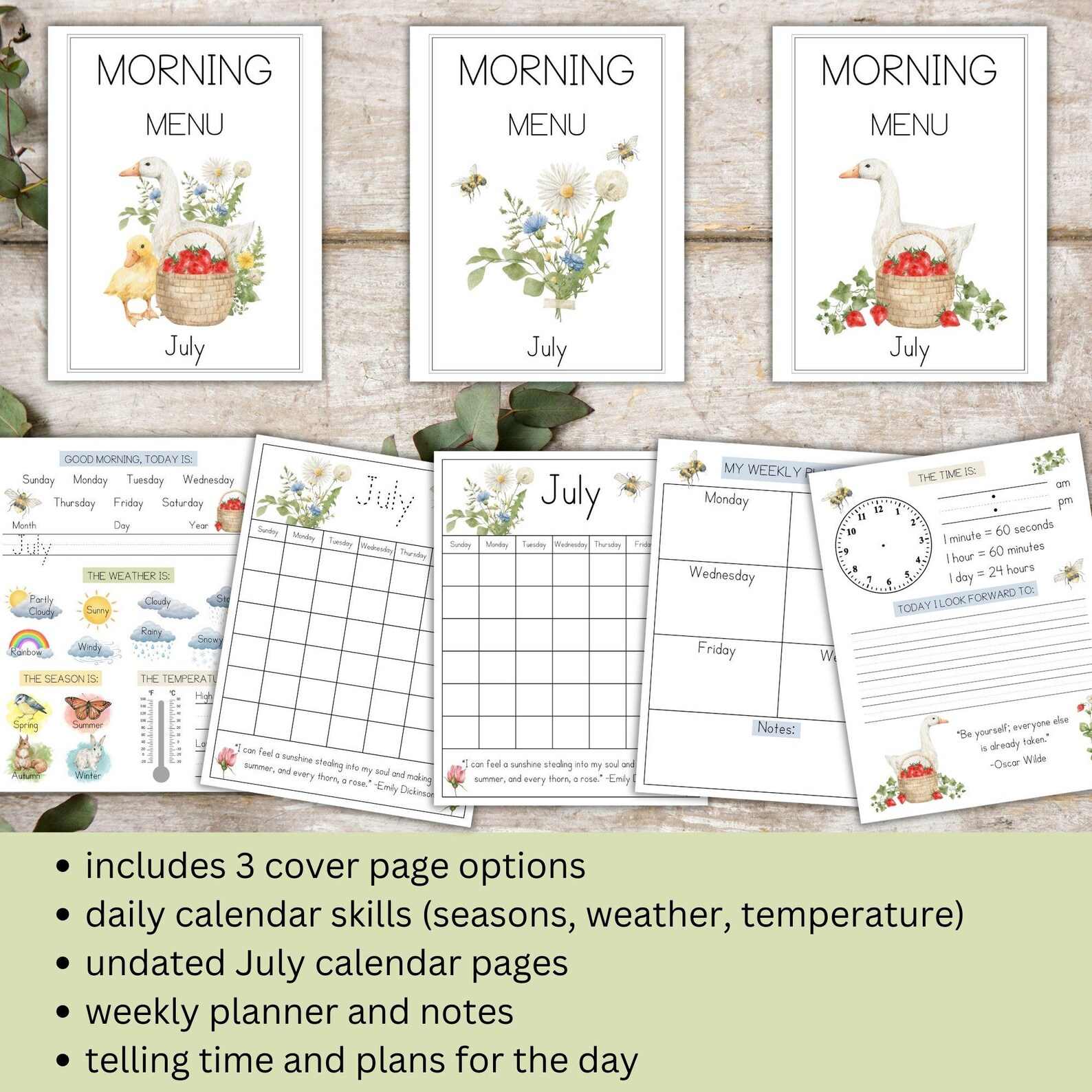July Morning Menu Elementary, Homeschool Monthly Morning Menu, Summer ...