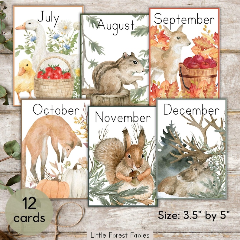 Months of the Year Flashcards, Watercolor Nature Theme, Homeschool ...