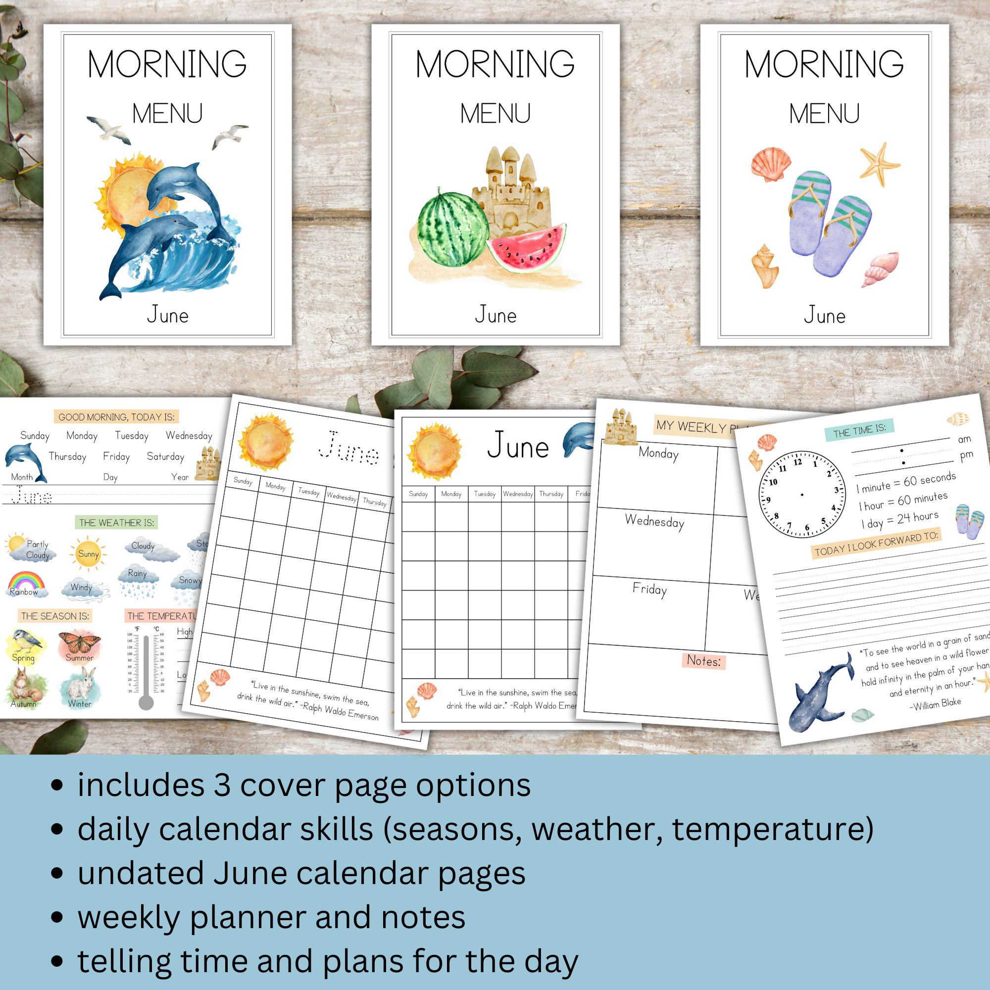 June Morning Menu Elementary, Homeschool Morning Menu Activities ...