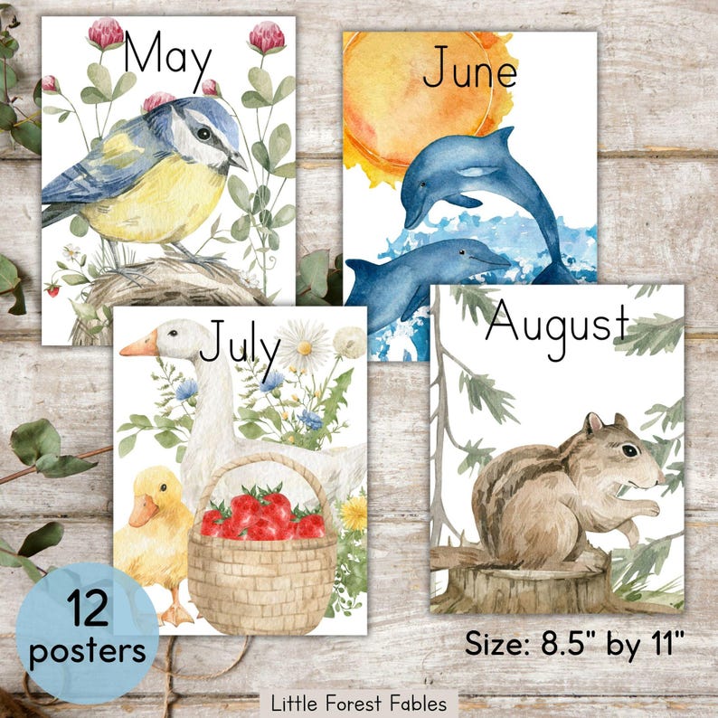 Months of the Year Flashcards, Watercolor Nature Theme, Homeschool ...