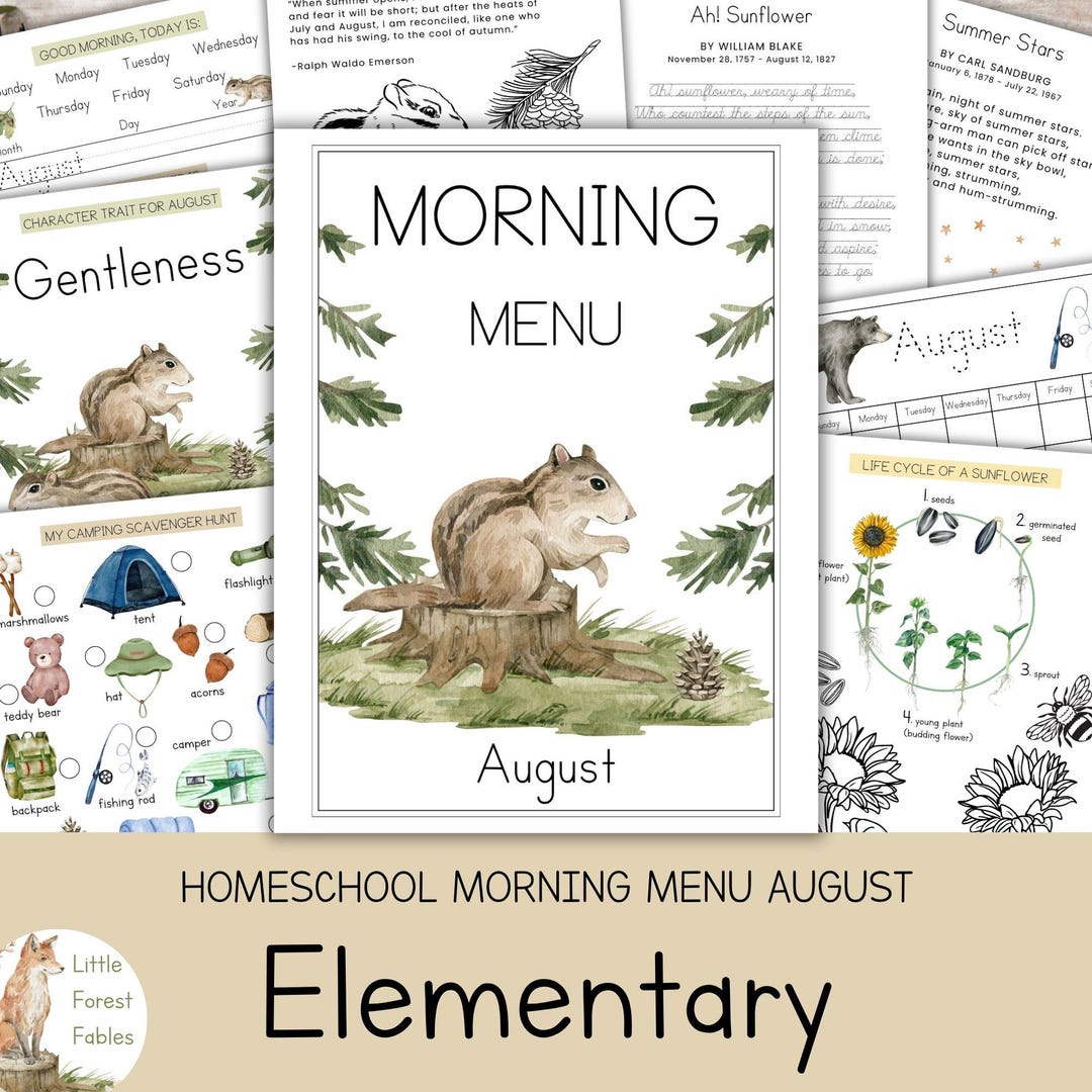 August Morning Menu Homeschool, Elementary Morning Menu Worksheets ...