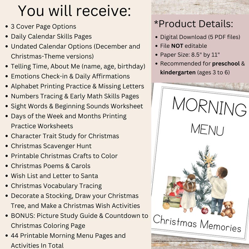 Christmas Preschool Morning Menu, Kindergarten Homeschool Christmas ...