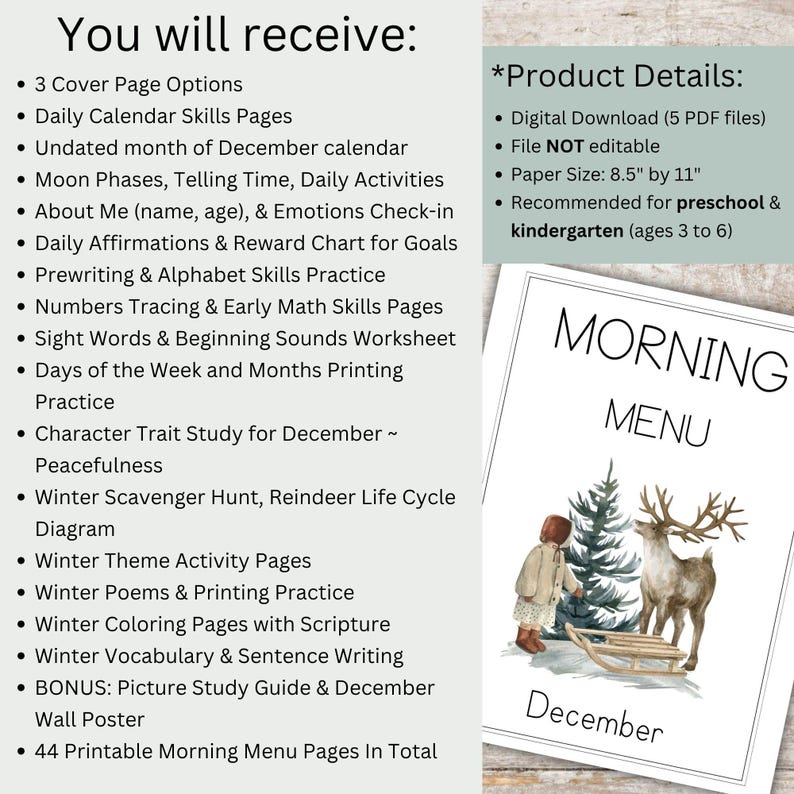 December Preschool Morning Menu, Homeschool Kindergarten Winter ...