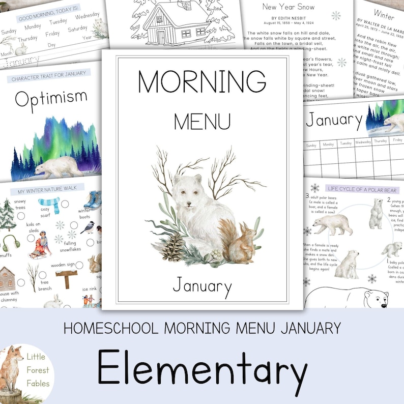 January Homeschool Morning Menu, Elementary Morning Worksheets, Winter ...