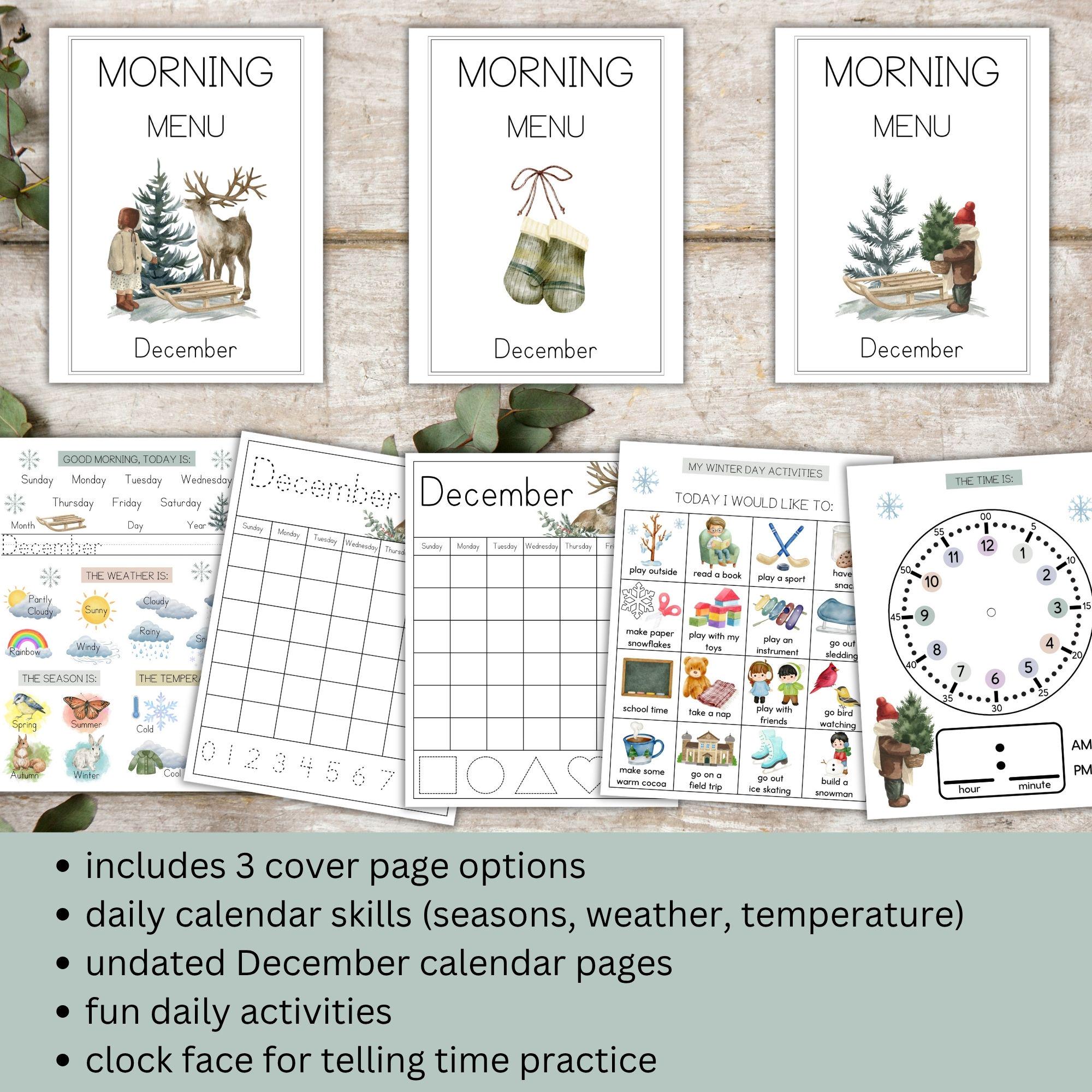 December Preschool Morning Menu, Homeschool Kindergarten Winter ...