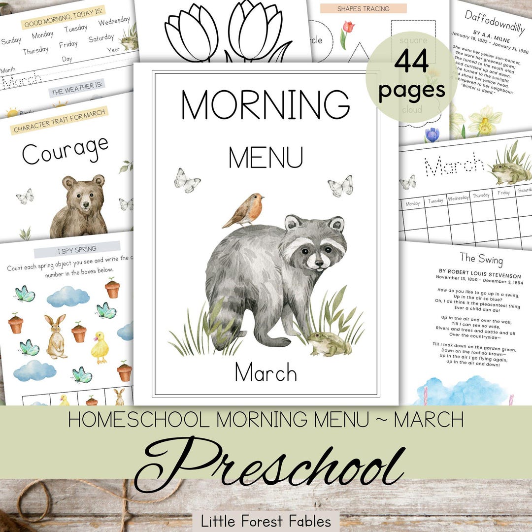 March Morning Menu Homeschool, Preschool Kindergarten Morning Menu ...