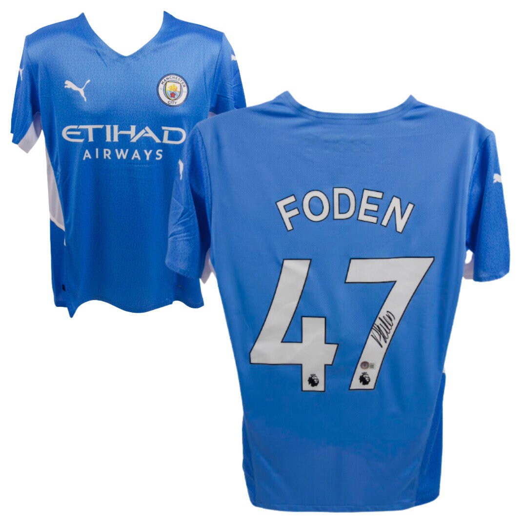 Phil Foden Signed Manchester City Blue Home Soccer Jersey 47 Beckett ...