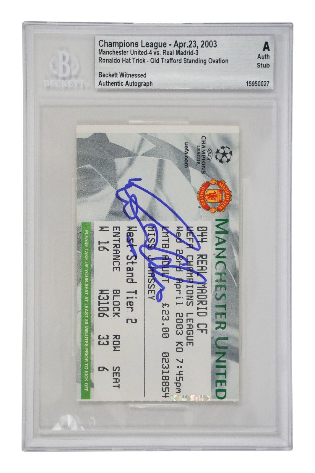 Ronaldo Nazario Signed 2003 UCL Ticket R9 Hat Trick Vs Man Utd BGS ...