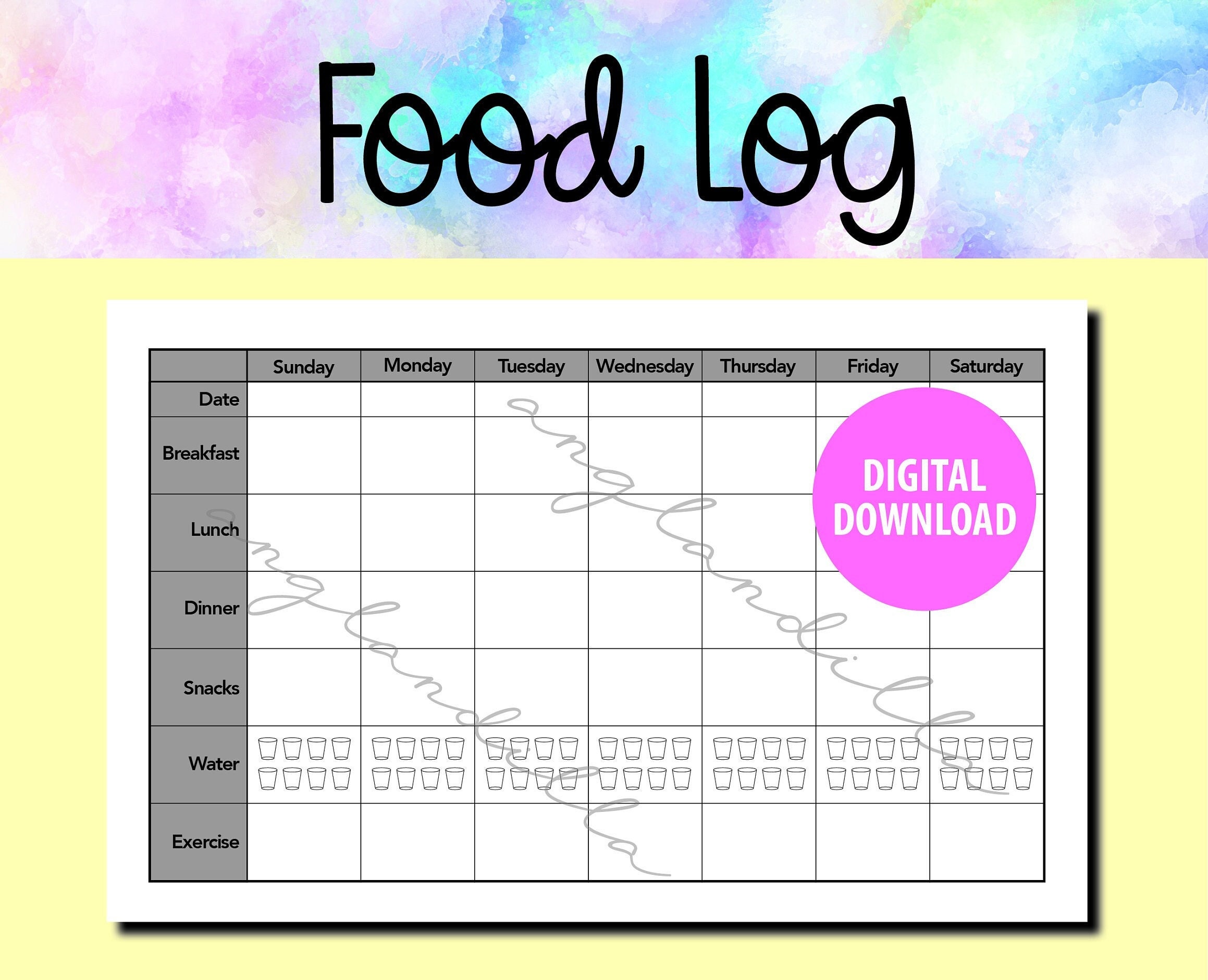 Food Log - Weekly Food Journal - Exercise Tracker - Printable PDF - Etsy