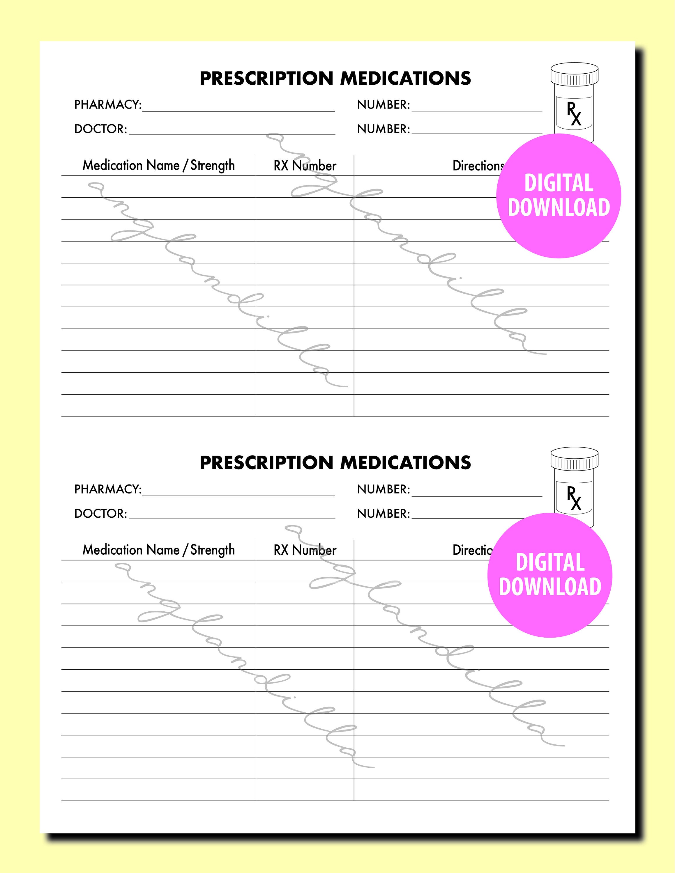 Prescription Medication List - RX Log - Printable PDF - Etsy