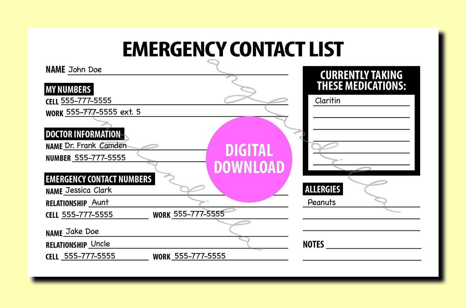 Emergency Contact List Printable PDF Digital Download - Etsy
