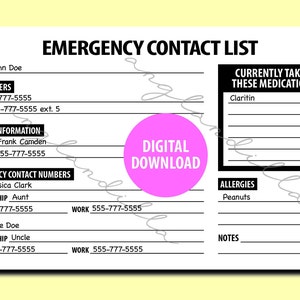 Emergency Contact List Printable PDF Digital Download - Etsy