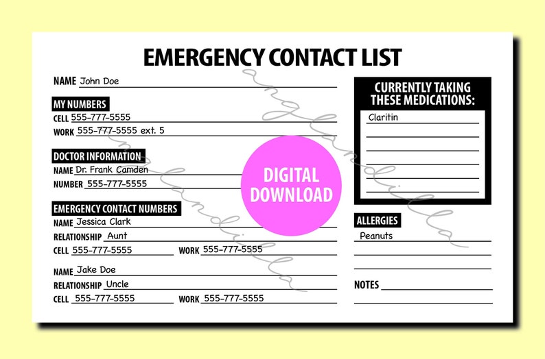 Emergency Contact List Printable PDF Digital Download - Etsy