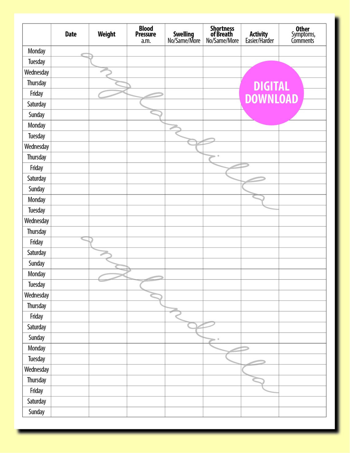 Heart Failure Weekly Log Tracker Blood Pressure Monitor - Etsy