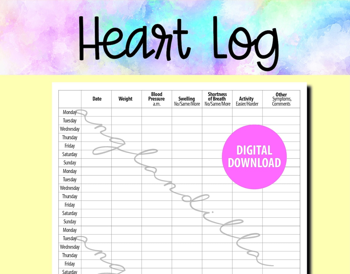 Heart Failure Weekly Log Tracker Blood Pressure Monitor - Etsy