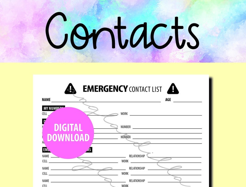 Emergency Contact List Printable PDF Digital Download - Etsy