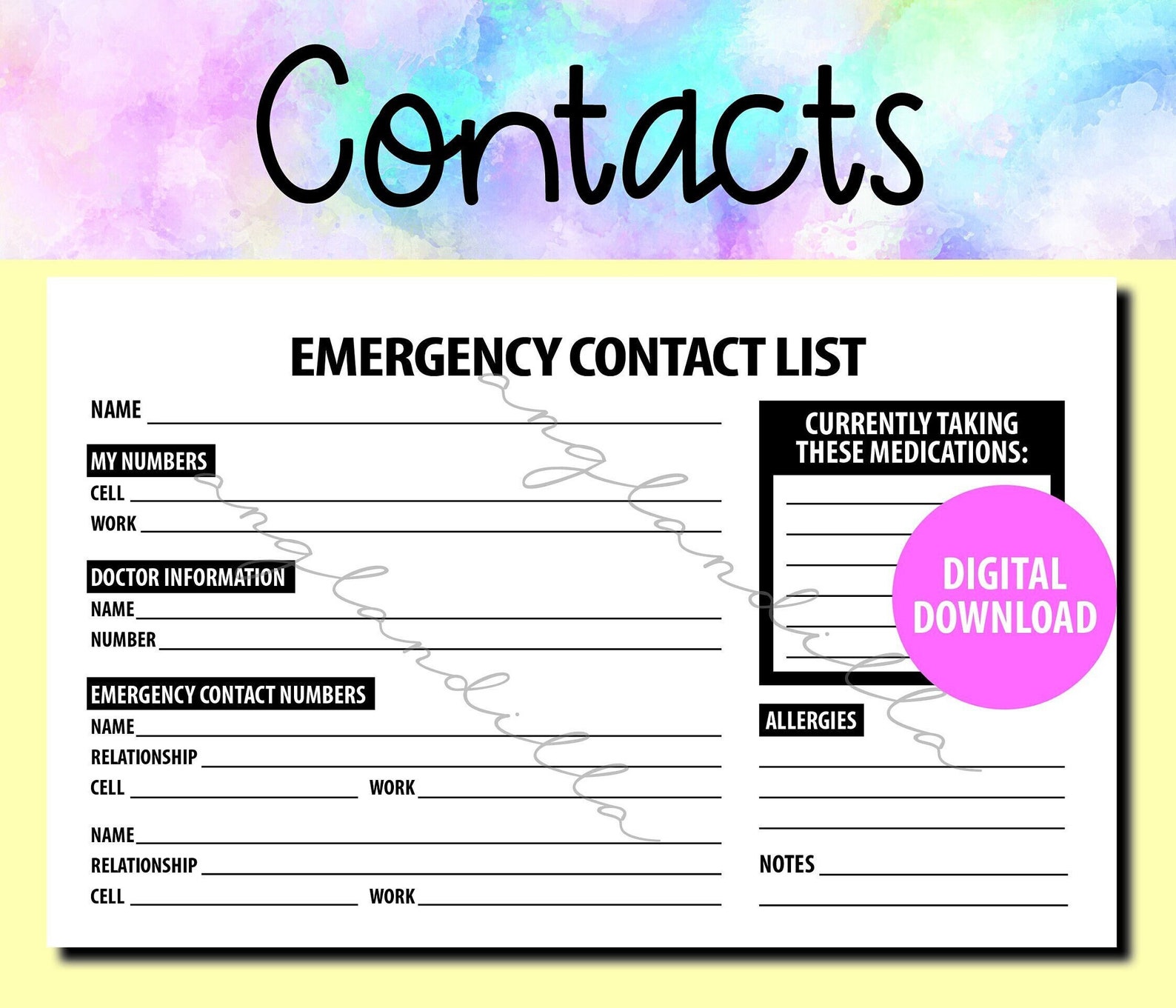 Emergency Contact List Printable PDF Digital Download - Etsy