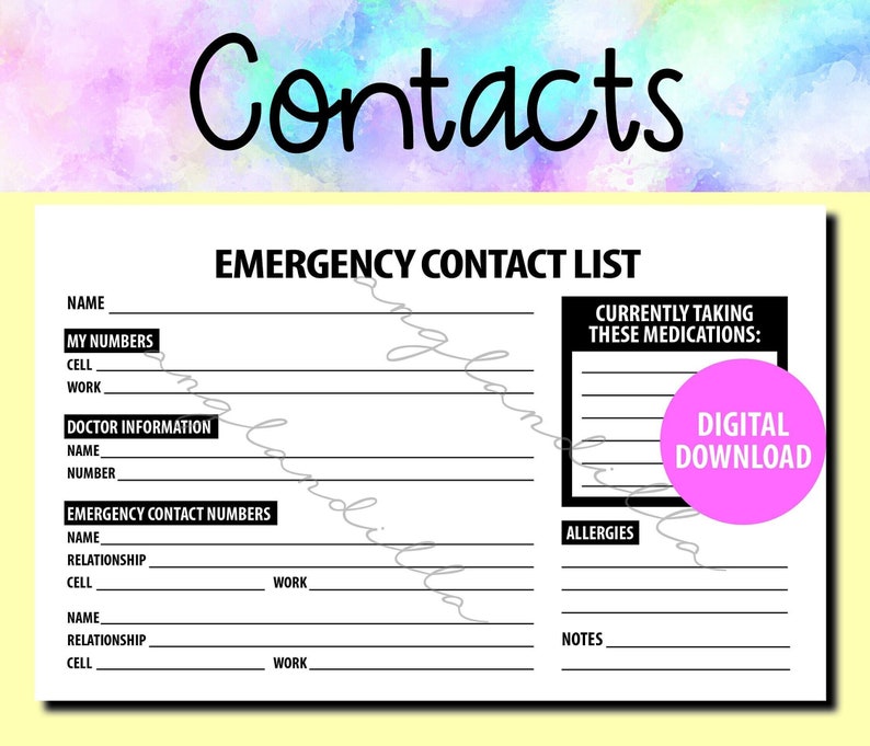 Emergency Contact List Printable PDF Digital Download - Etsy