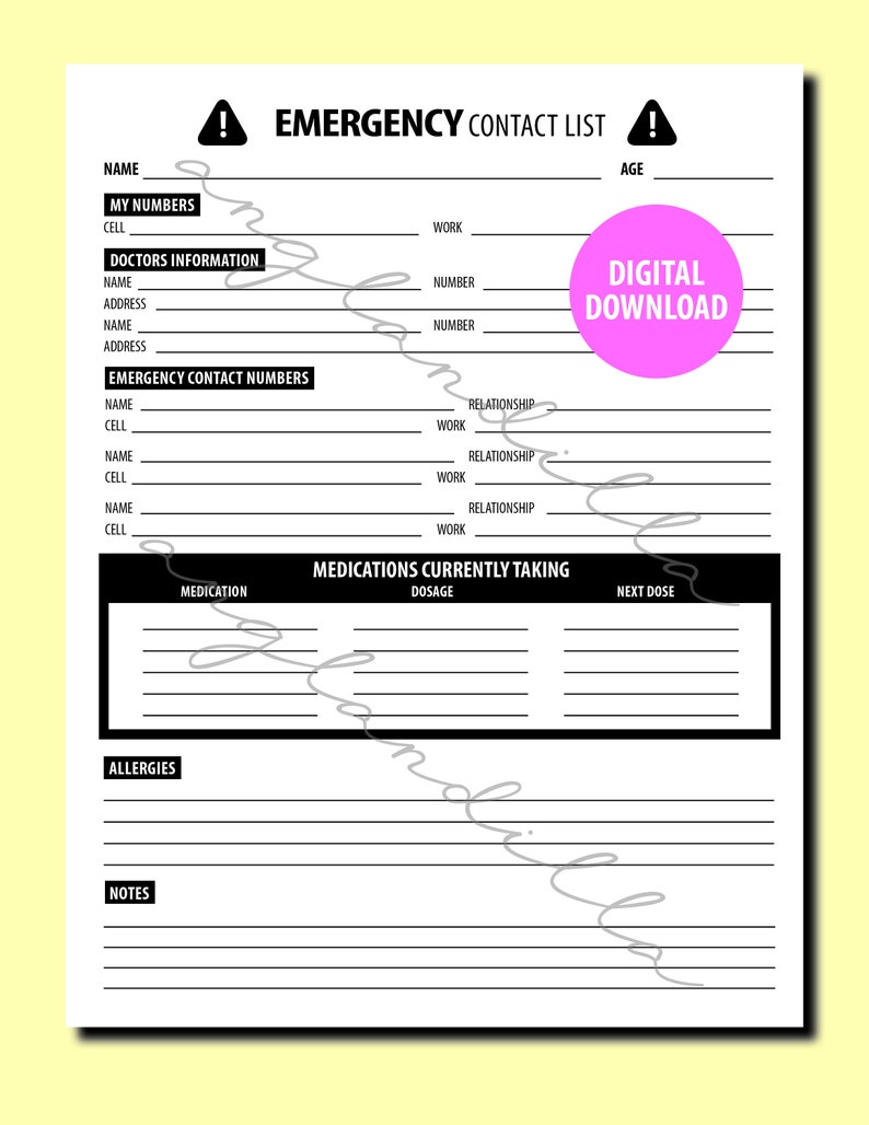 Emergency Contact List Printable PDF Digital Download - Etsy