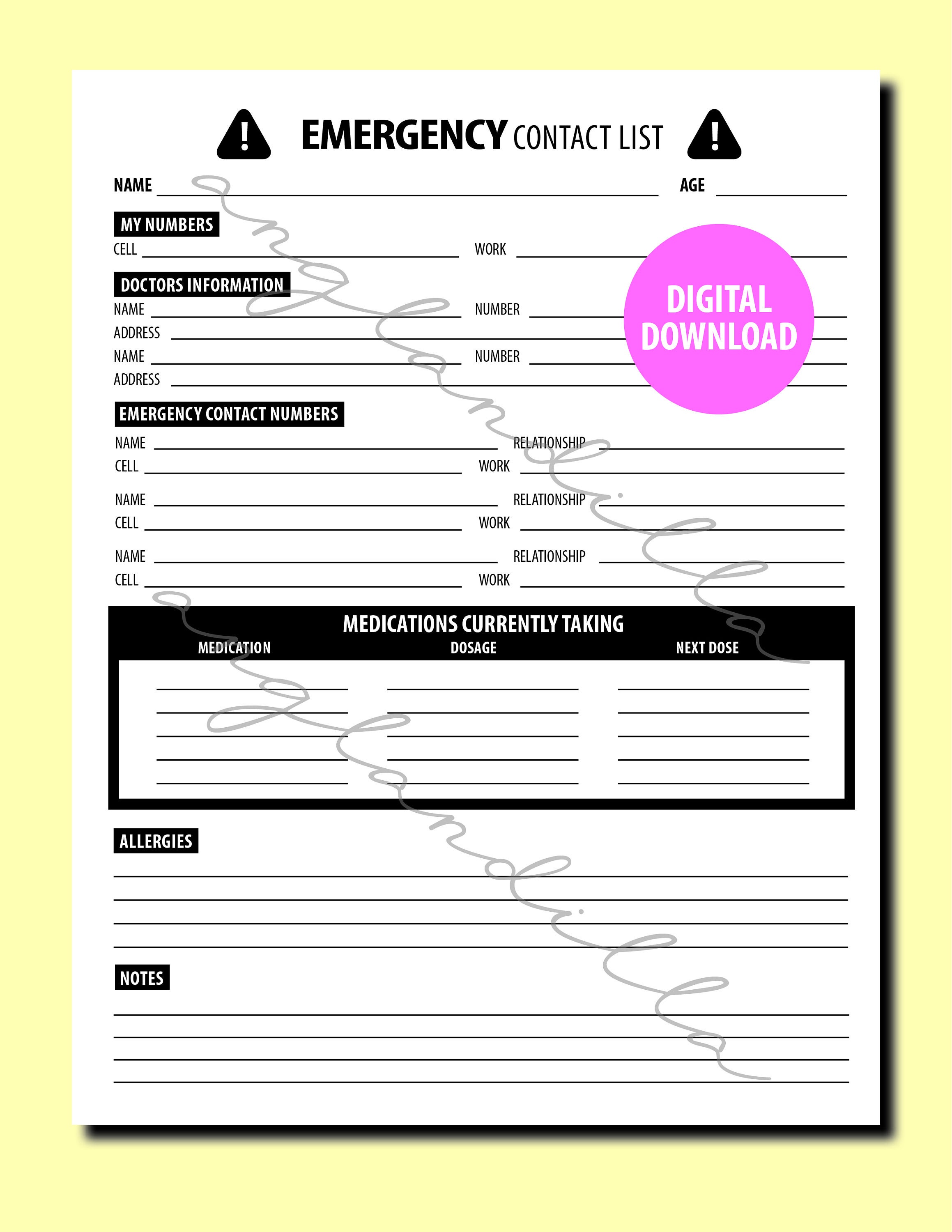Emergency Contact List Printable PDF Digital Download - Etsy