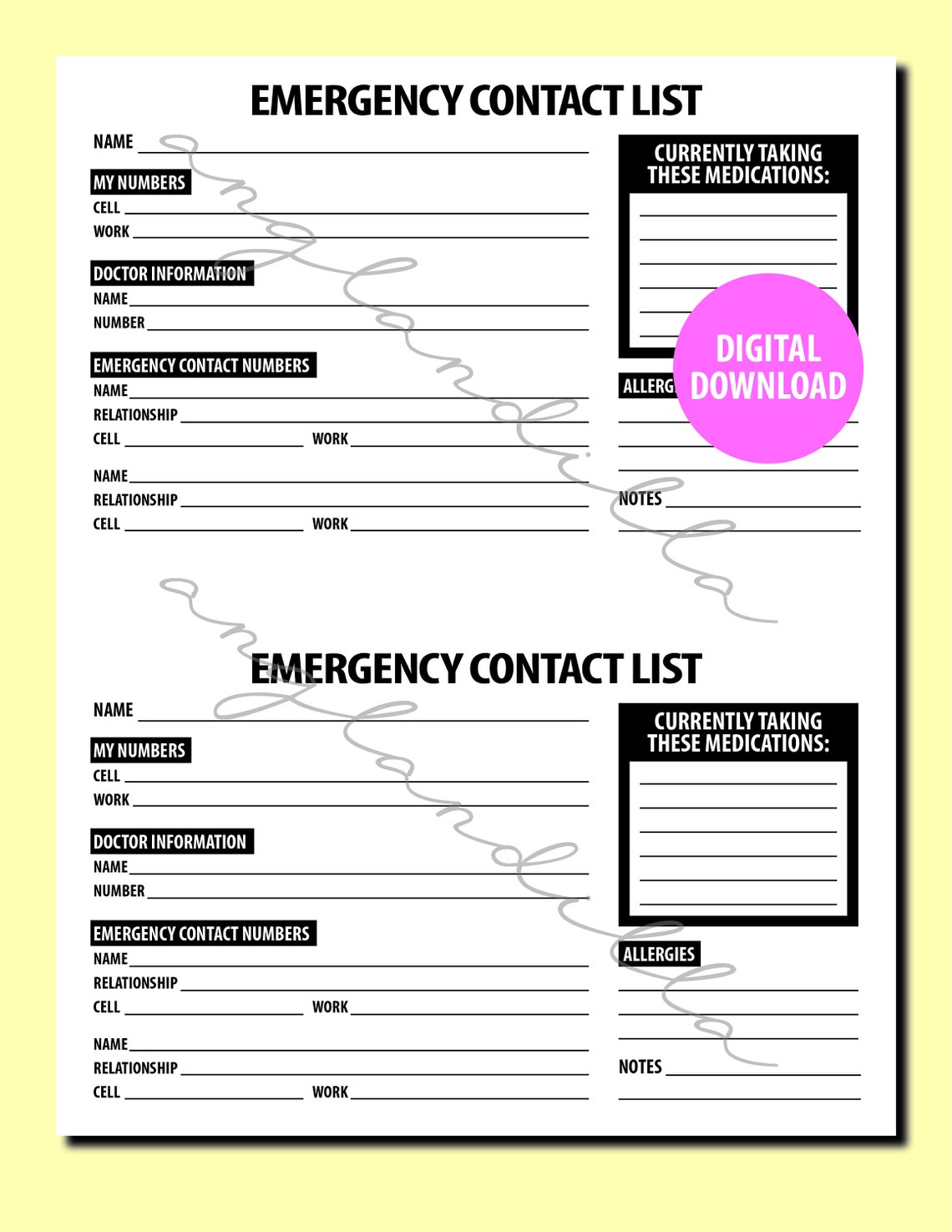Emergency Contact List Printable PDF Digital Download - Etsy