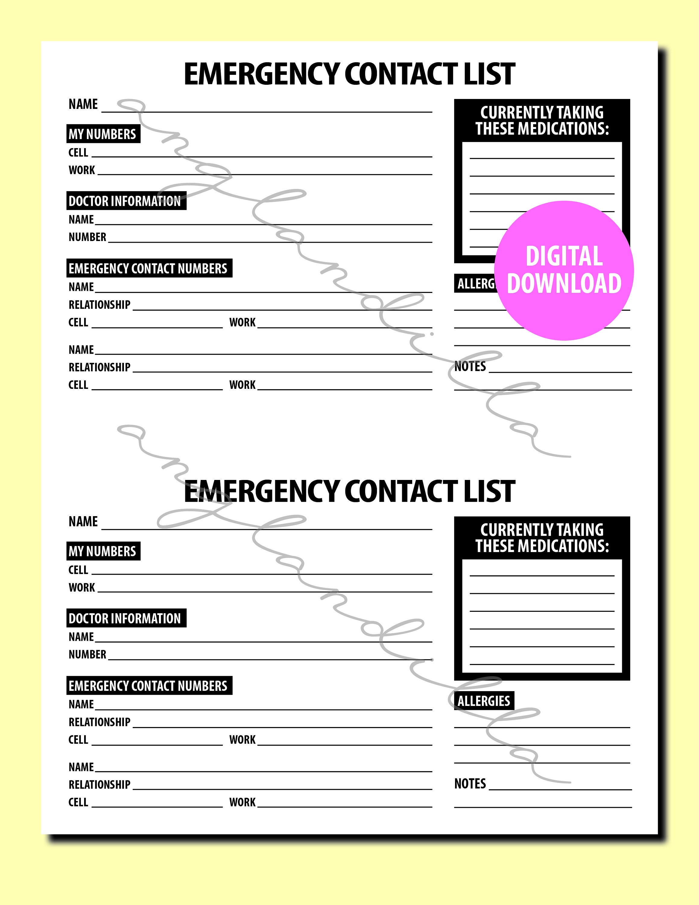 Emergency Contact List Printable PDF Digital Download - Etsy