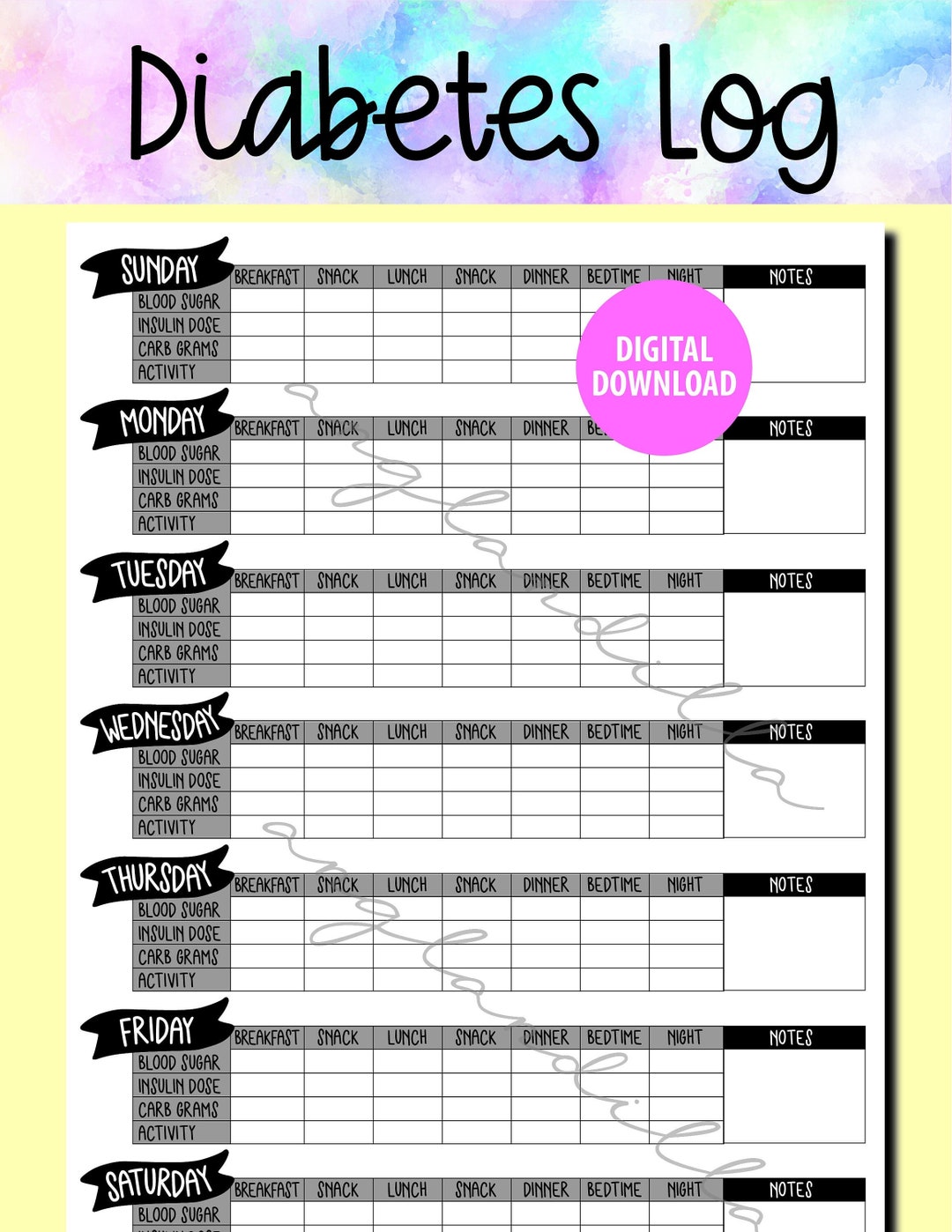 Type 1 Diabetes Weekly Log - Etsy