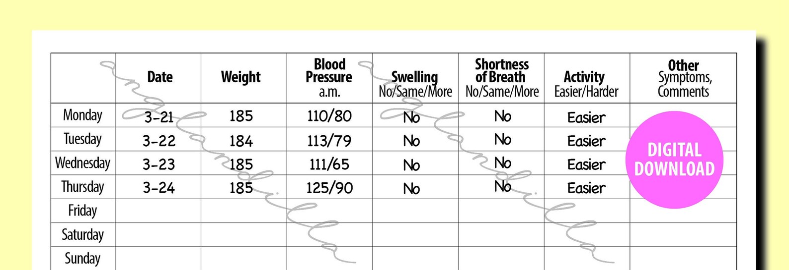 Heart Failure Weekly Log Tracker Blood Pressure Monitor - Etsy