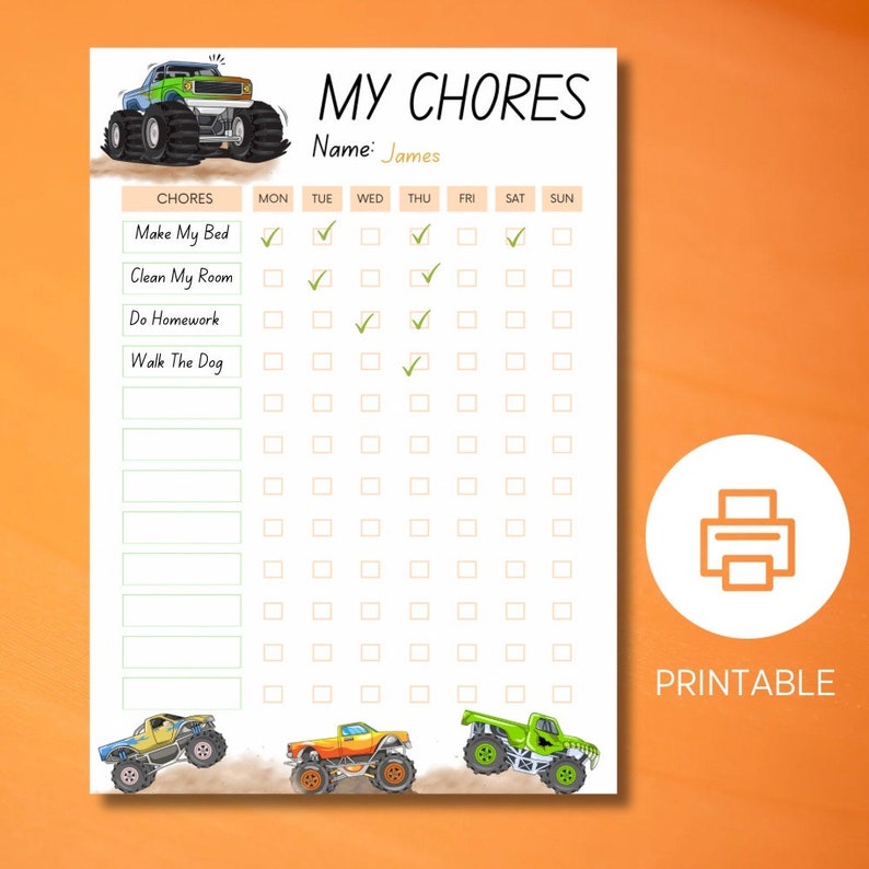 Monster Truck Chore List Chore Chart for Kids Kids Chores - Etsy