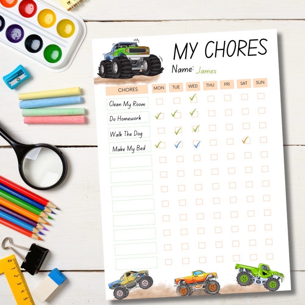 Monster Truck Chore List Chore Chart for Kids Kids Chores - Etsy