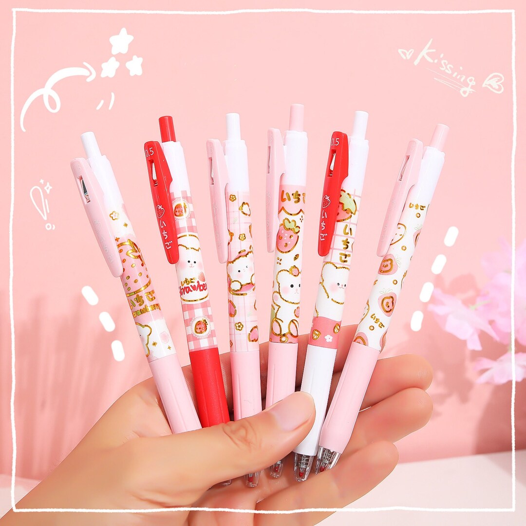 Cute Bear Retractable Gel Pen 6 Pcs Set Sweet Strawberry - Etsy