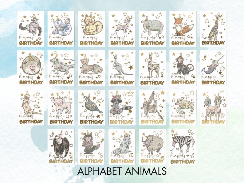 Alphabet Animal Birthday Card With Gold Foil - Etsy