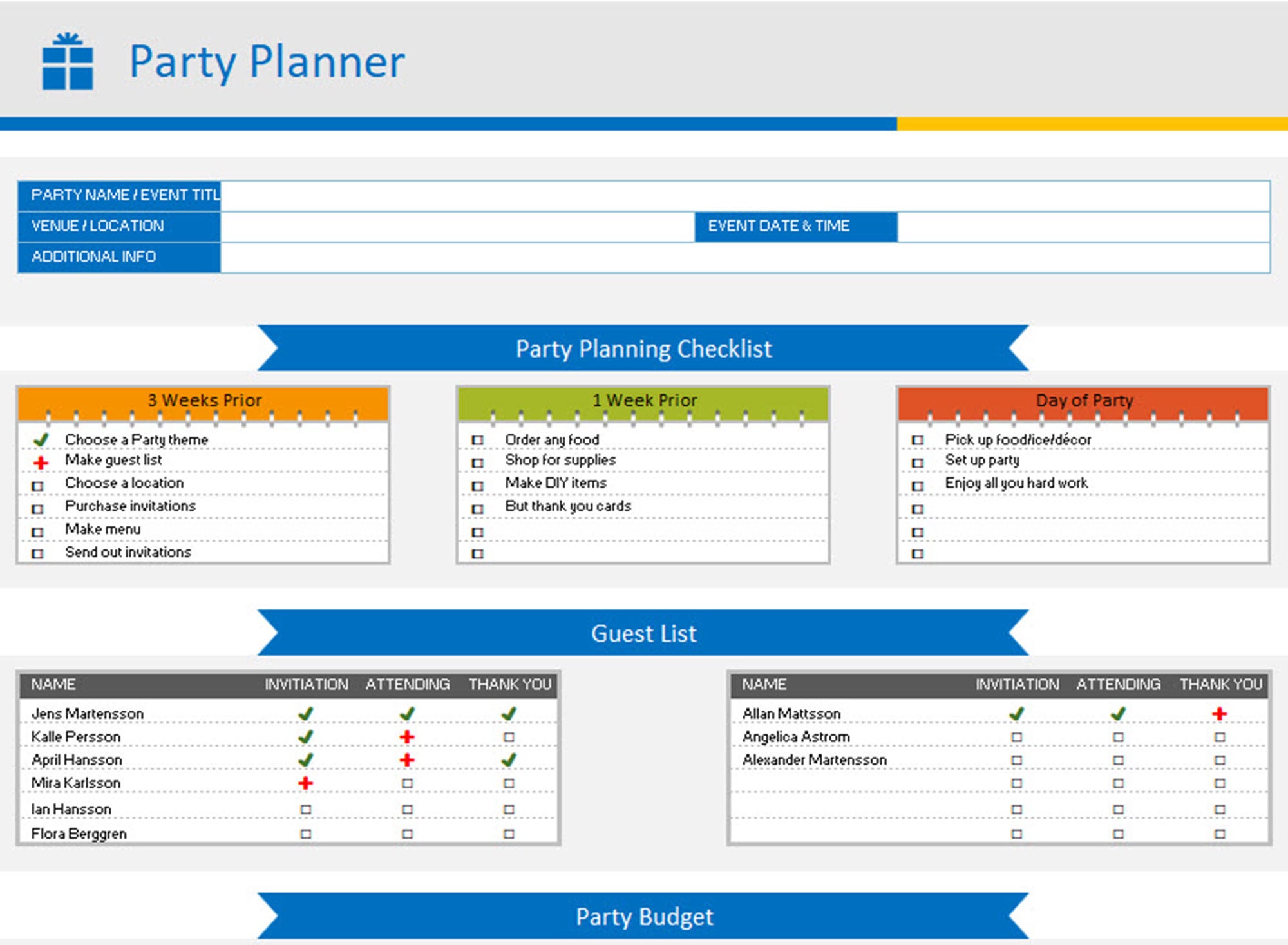 Party Planner for Any Party, Fully Editable Excel Format, Party ...