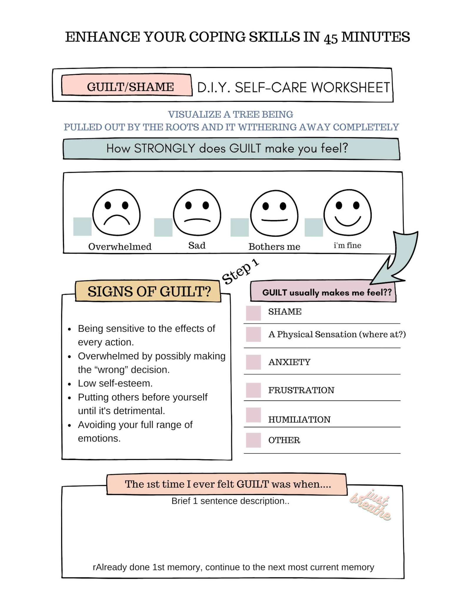 Guilt & Shame - Enhance Your Coping Skills, Journal Self-care Worksheet ...