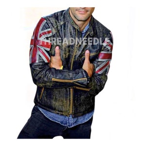 Men's Motorcycle Vintage Racer Union Jack Real Leather Distressed ...