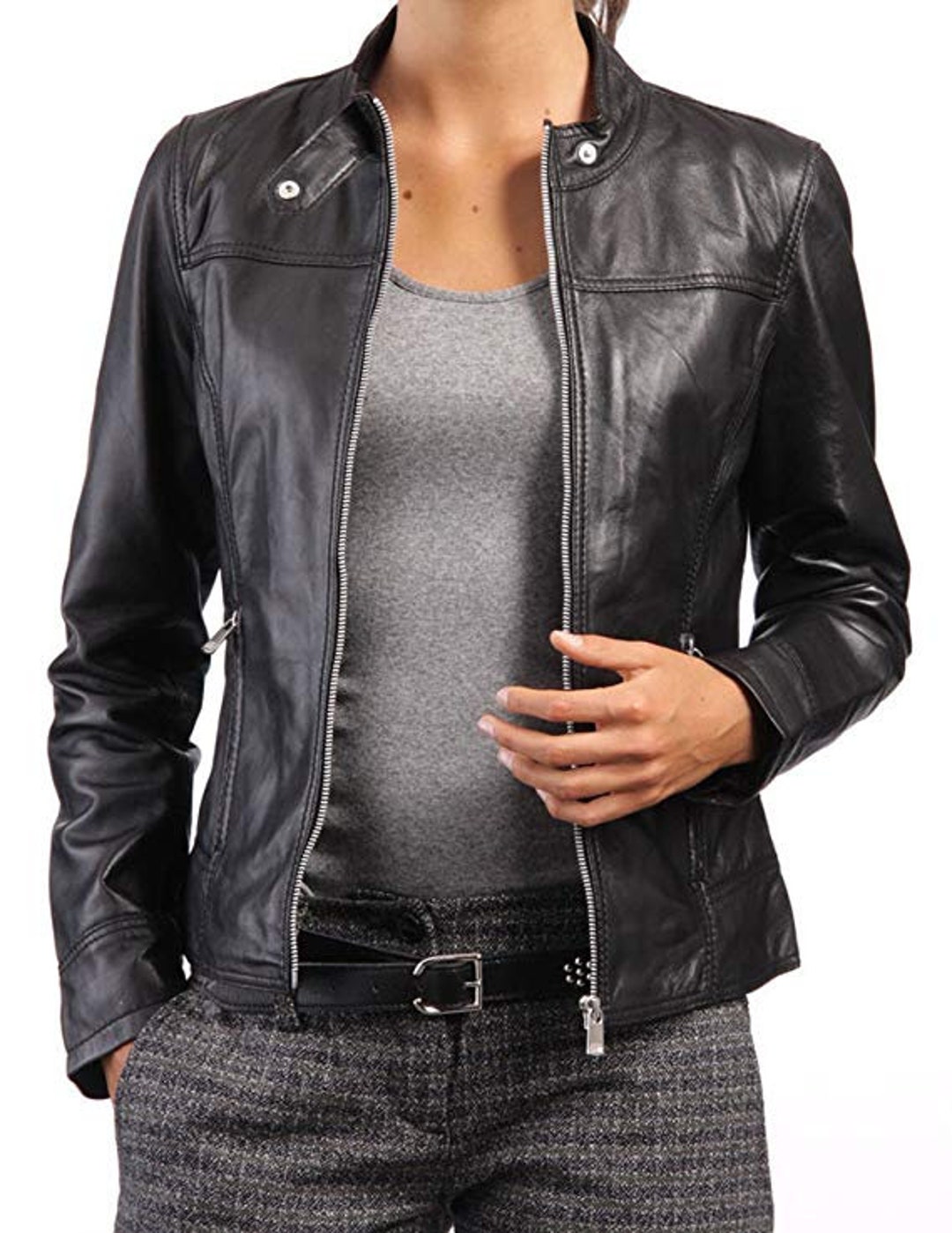 New Women Genuine Real Leather Jacket Ladies Slim Fit Motorcycle Jacket ...
