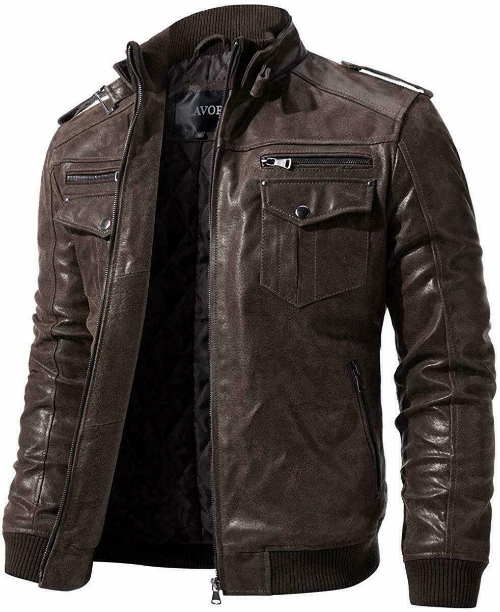 Men's Slim Fit Brown Biker Genuine Leather Jacket Mens Handmade ...