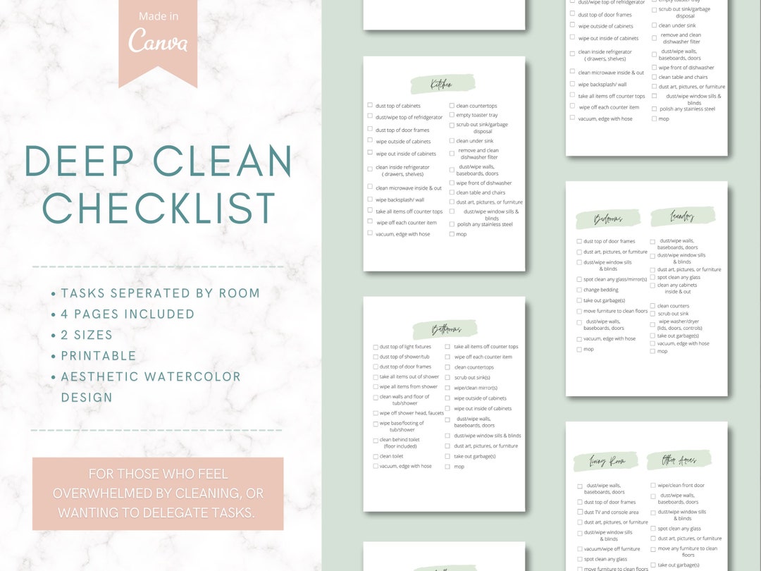 EDITABLE Deep Clean Checklist by Room - Etsy
