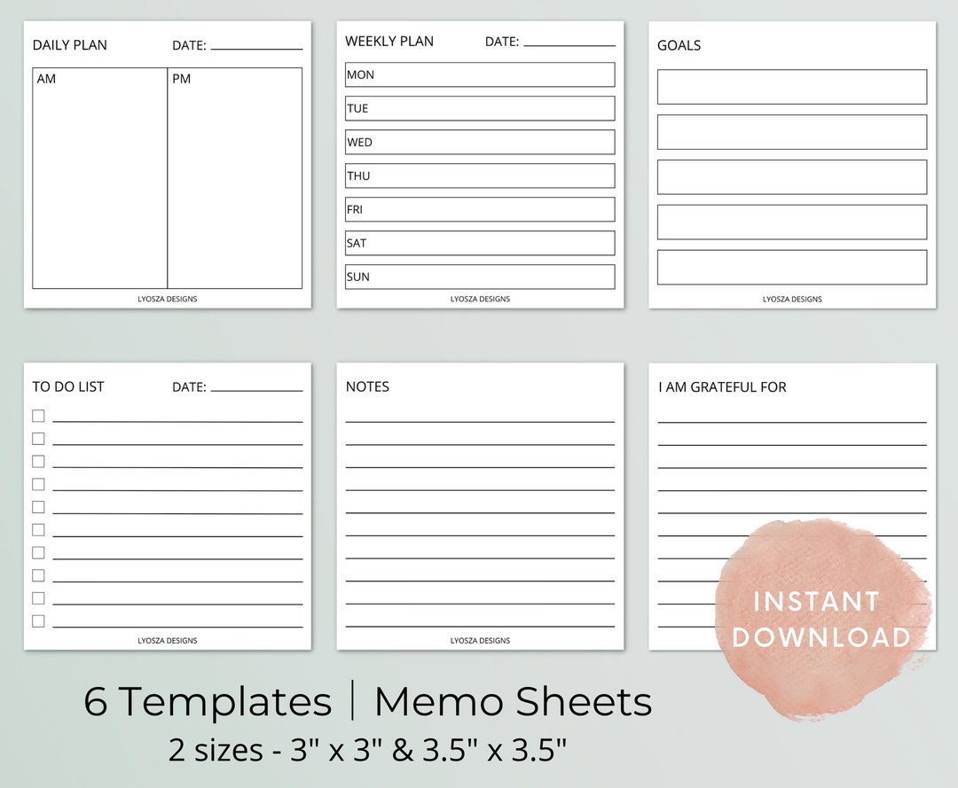 6 Printable Minimal Memo Sheets, Minimal Memo Pad, Memo Notes, Minimal ...