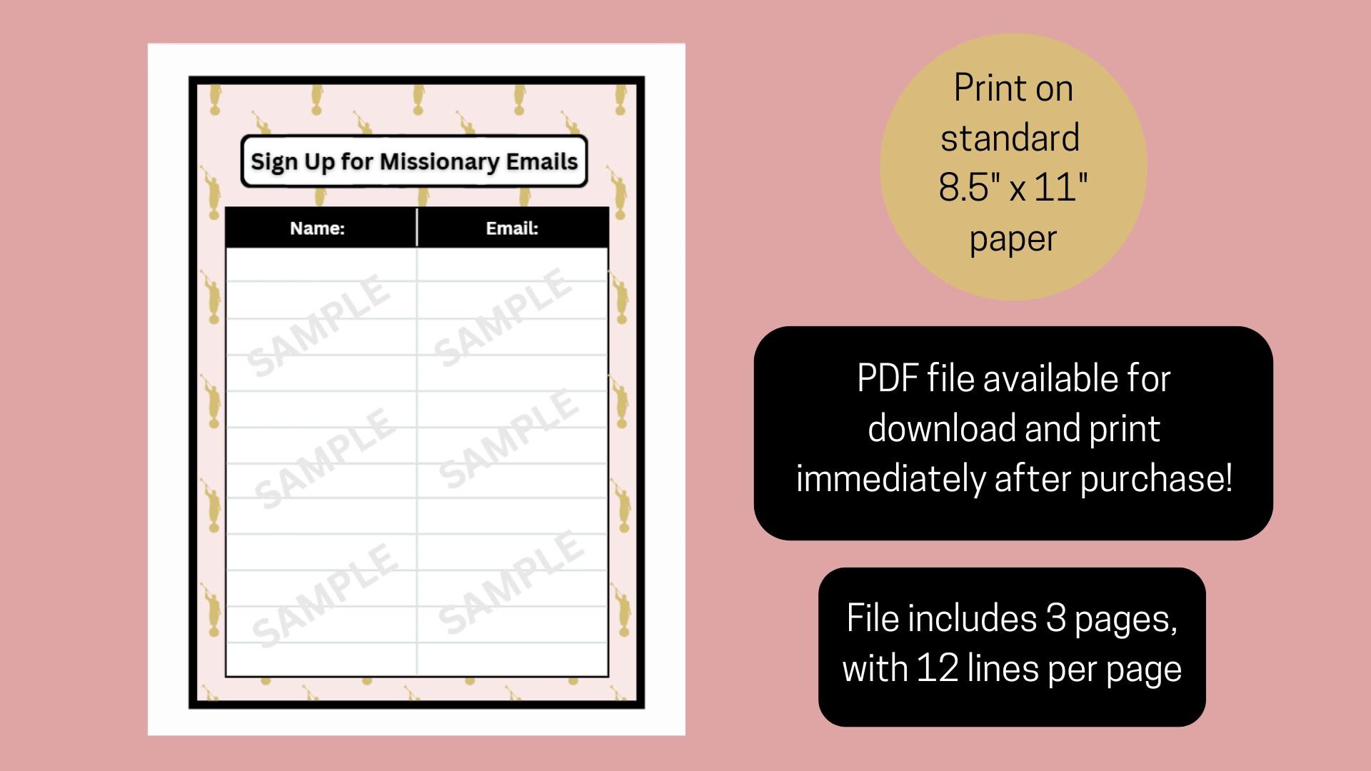 Missionary Email Signup Printable Sheet Pink Moroni Digital Download ...