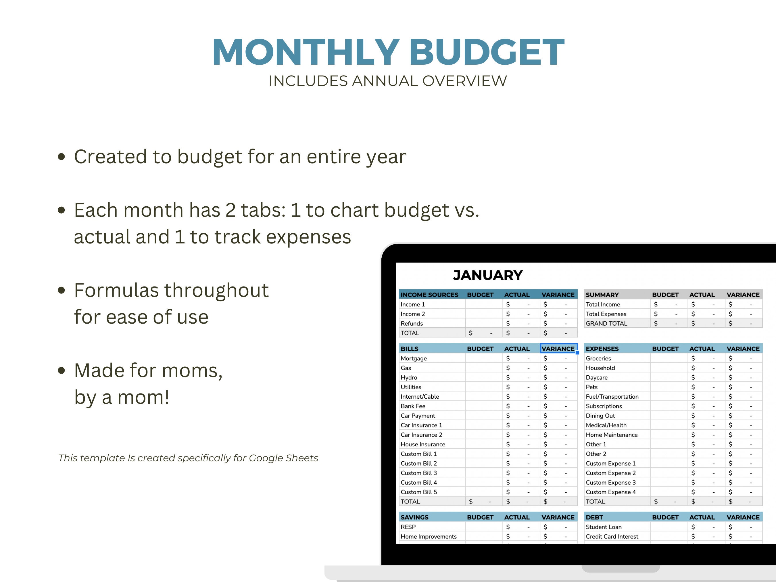 Monthly Budget Spreadsheet, Google Sheets Budget Template, Personal ...