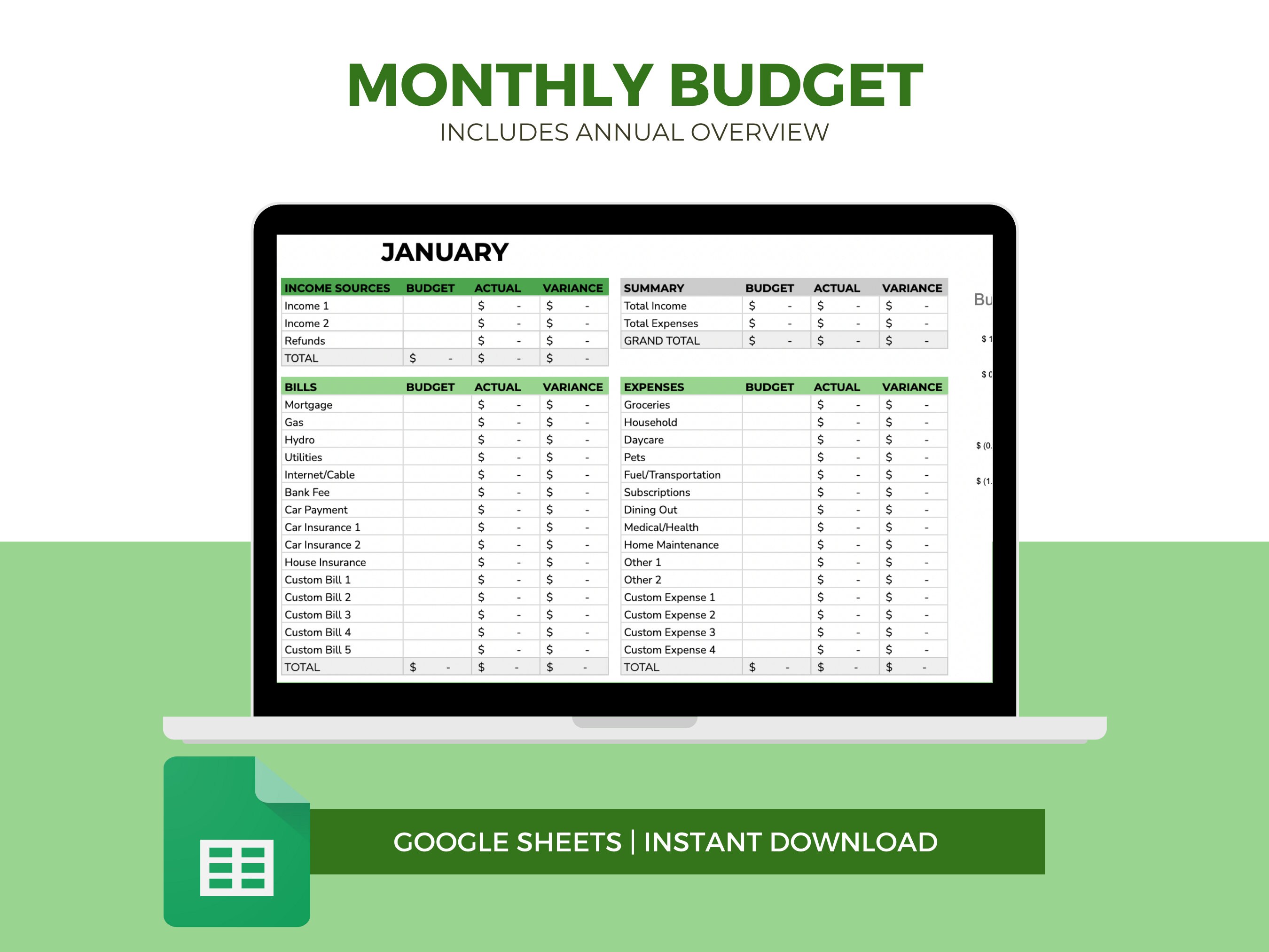 Monthly Budget Spreadsheet, Google Sheets Budget Template, Personal ...
