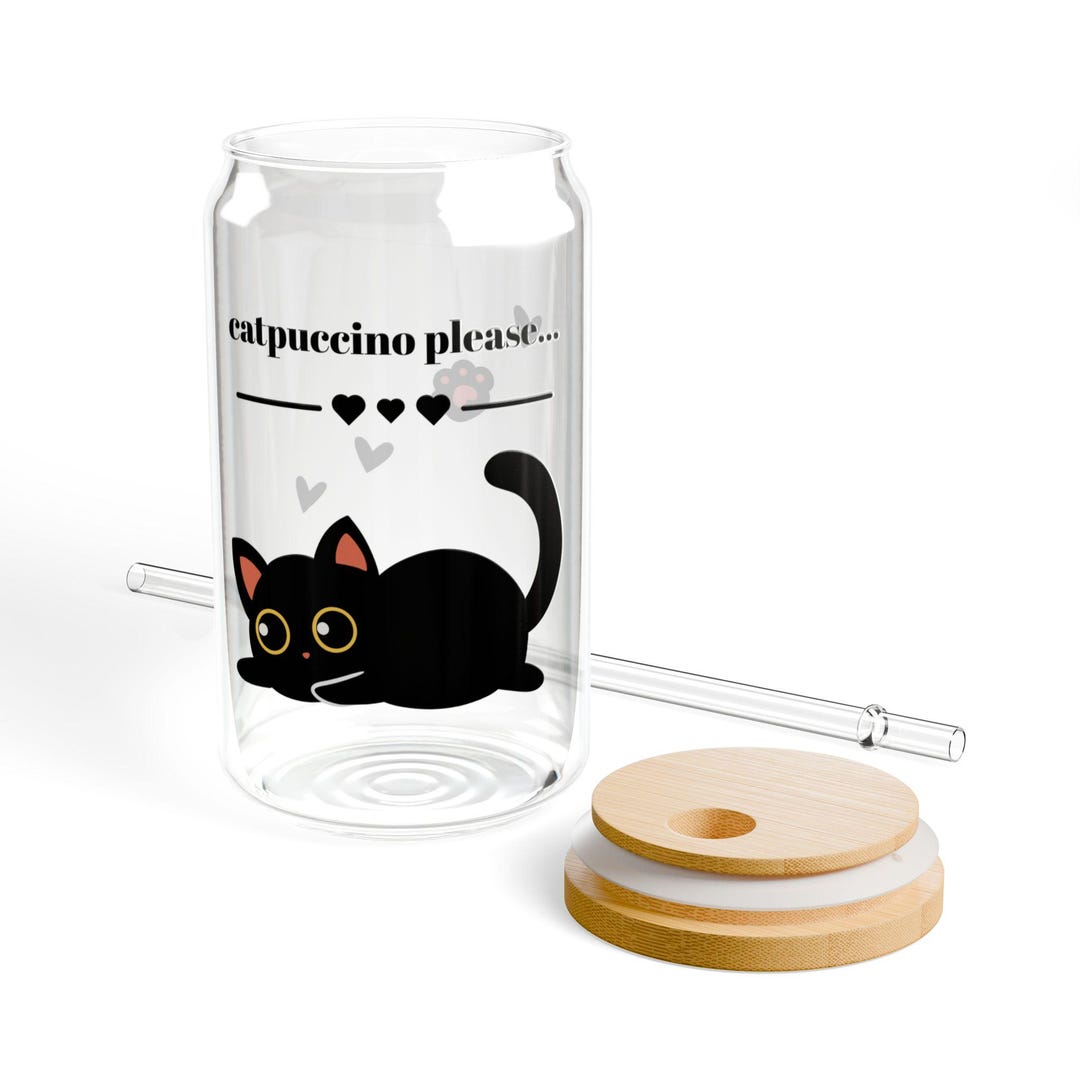 Iced Coffee Cup - Catpuccino Please... Cute Black Cat & Paw Sipper ...