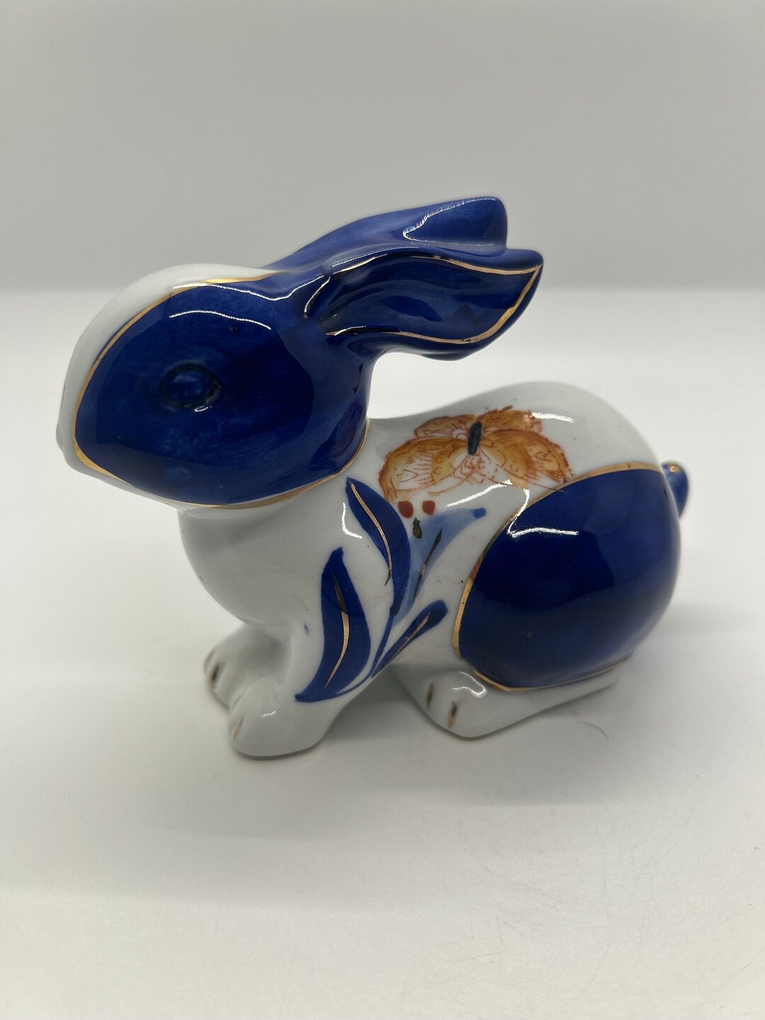 Vintage Blue and White Ceramic Rabbit With Gilt Decoration - Etsy