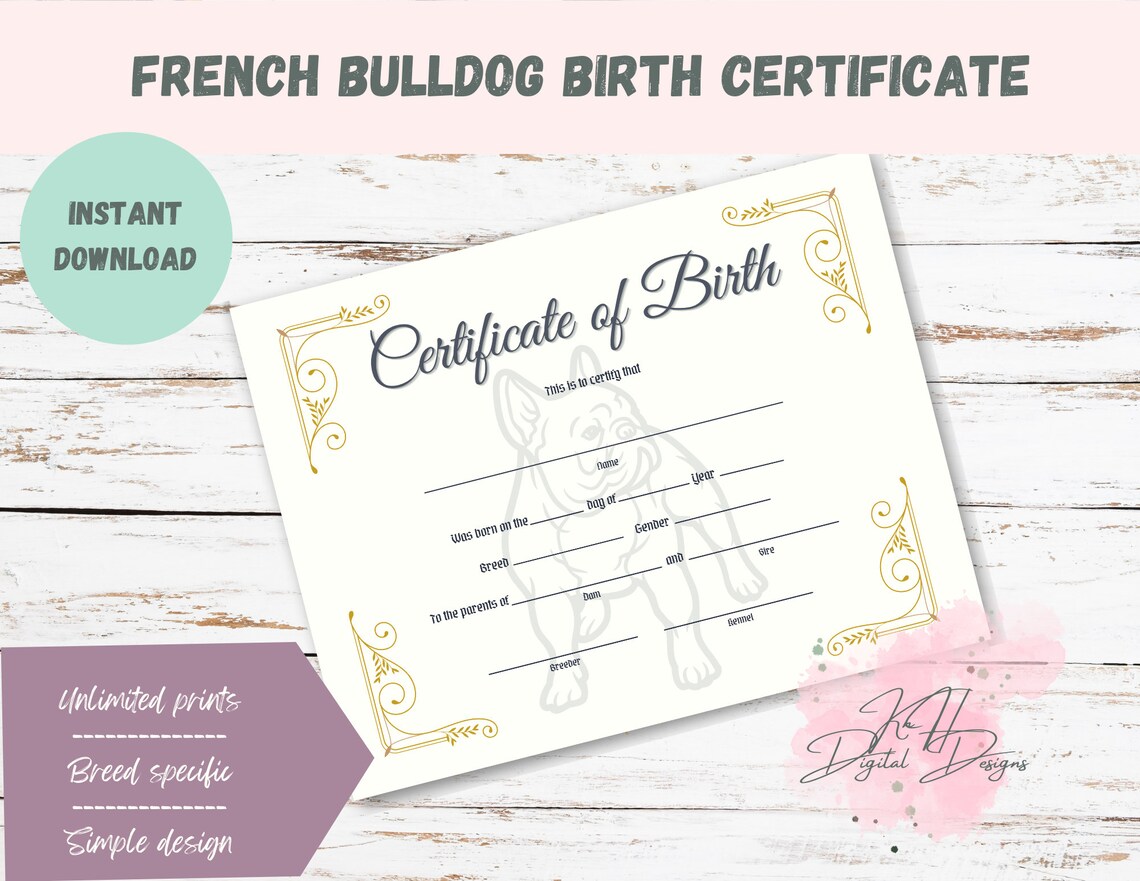 French Bulldog Birth Certificate Printable Gift for New - Etsy