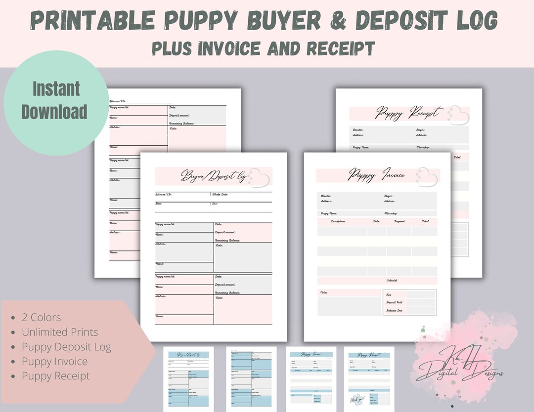 Printable Puppy Buyer and Deposit Log WITH Puppy Invoice and Receipt - Etsy