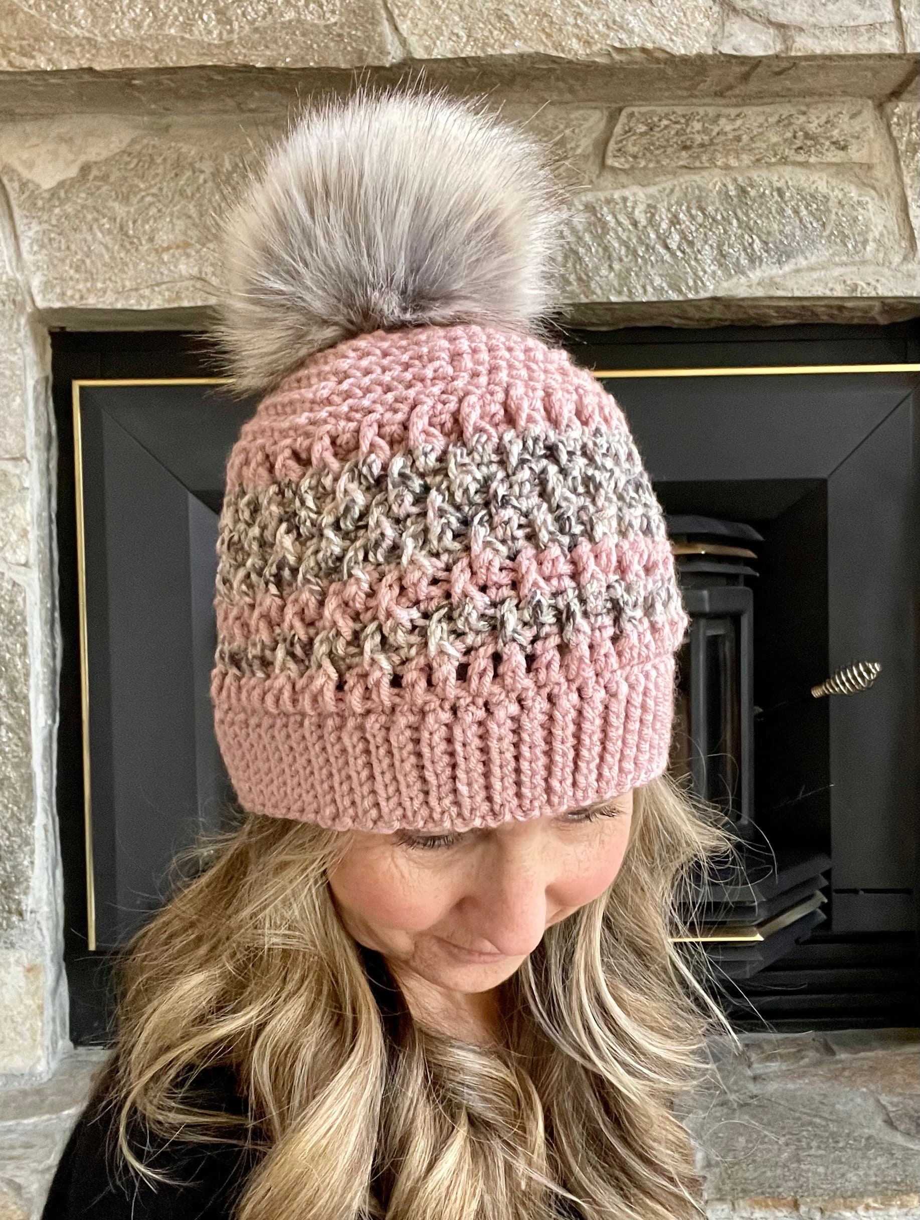 Pink and Variegated Gray/pink/white Crochet Alpine Beanie With Faux Fur ...