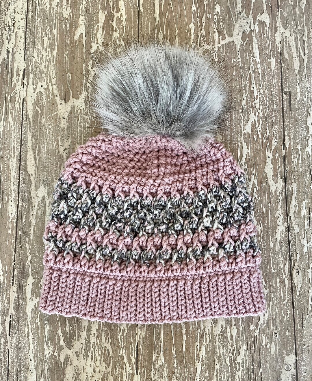 Pink and Variegated Gray/pink/white Crochet Alpine Beanie With Faux Fur ...