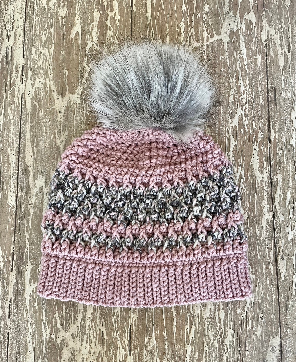 Pink and Variegated Gray/pink/white Crochet Alpine Beanie With Faux Fur ...