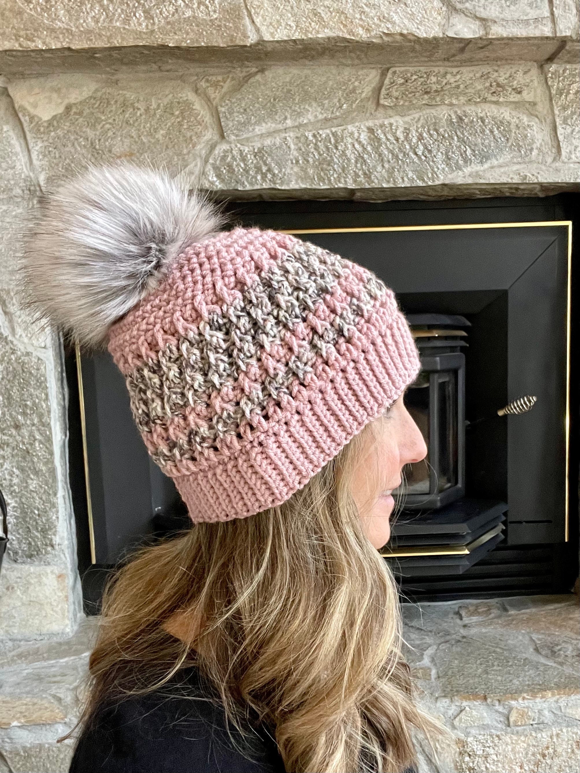Pink and Variegated Gray/pink/white Crochet Alpine Beanie With Faux Fur ...